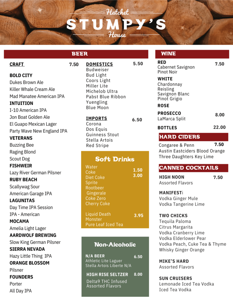 Our Menus - Stumpy's Hatchet House - Jacksonville, FL